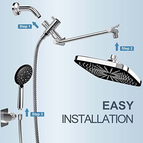 Veken 12 Inch Rain Shower Head with 5 Settings High Pressure Handheld Spray, Rainfall Shower Head with Adjustable Extension Arm, Chrome Dual Shower Head and Handheld Shower Head Combo with 70โ Hose.