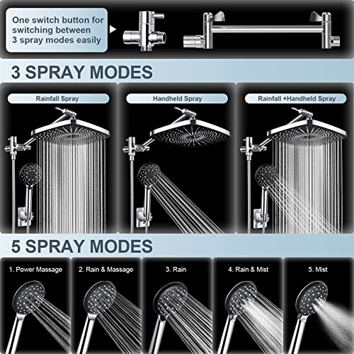 Veken 12 Inch Rain Shower Head with 5 Settings High Pressure Handheld Spray, Rainfall Shower Head with Adjustable Extension Arm, Chrome Dual Shower Head and Handheld Shower Head Combo with 70โ Hose.