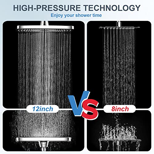 Veken 12 Inch Rain Shower Head with 5 Settings High Pressure Handheld Spray, Rainfall Shower Head with Adjustable Extension Arm, Chrome Dual Shower Head and Handheld Shower Head Combo with 70โ Hose.