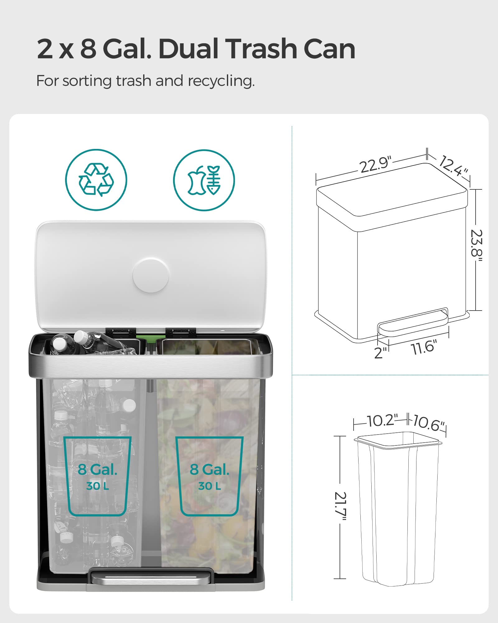 SONGMICS Kitchen, 16 Gallon (2 x 8 Gallon) Dual Compartment Garbage Can, 60L Pedal Recycling Bin, Stay-Open Lid and Soft Closure, Stainless Steel, 15 Trash Bags Included, White ULTB202W01