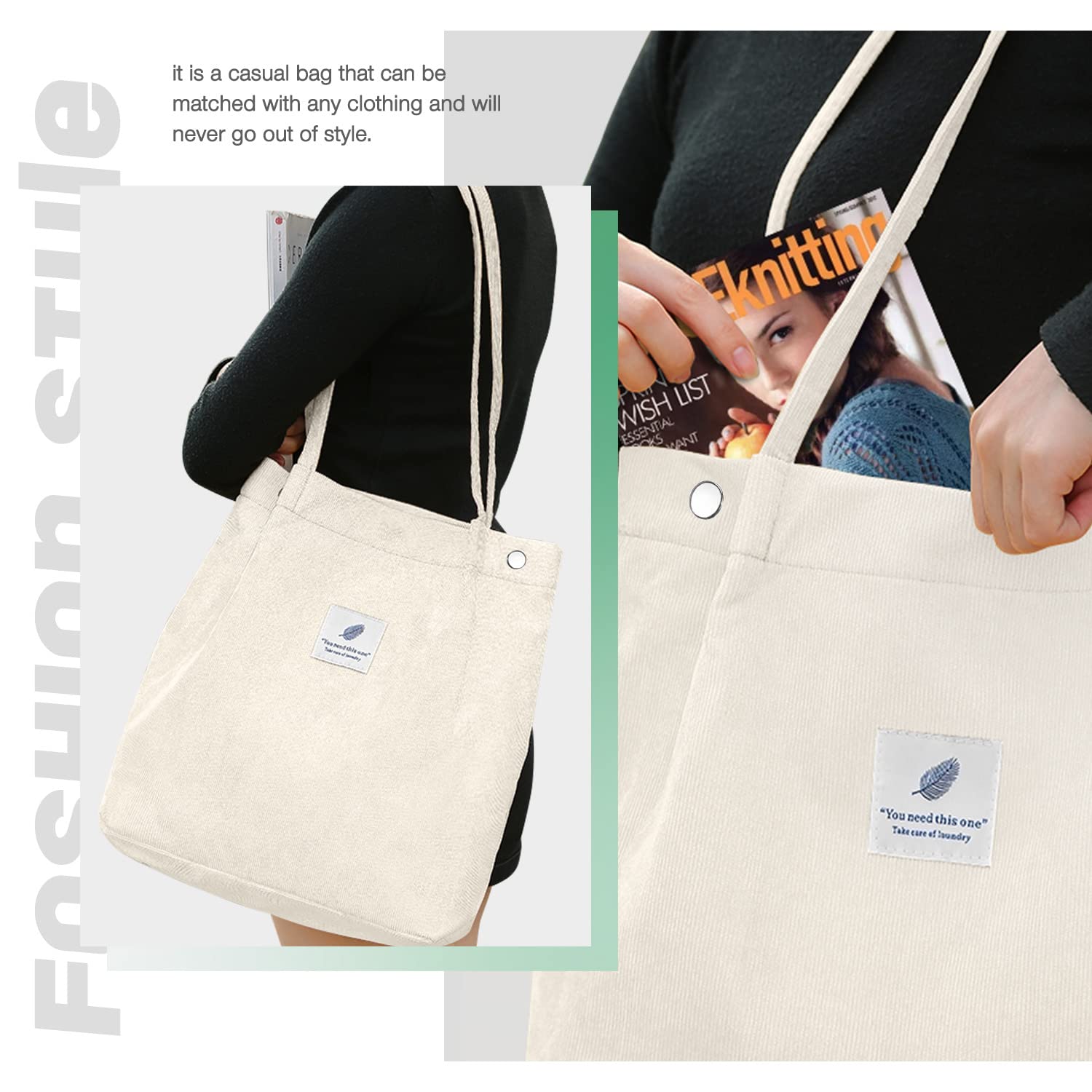 LHMTQVK Corduroy Tote Bags for Women, Large Capacity Corduroy Bag Reusable Grocery Shoulder Bag with Inner Pockets (Beige)