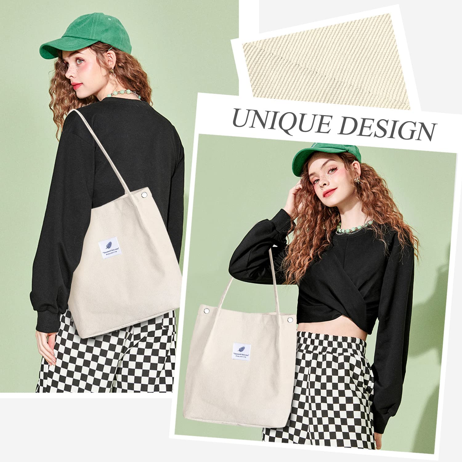 LHMTQVK Corduroy Tote Bags for Women, Large Capacity Corduroy Bag Reusable Grocery Shoulder Bag with Inner Pockets (Beige)