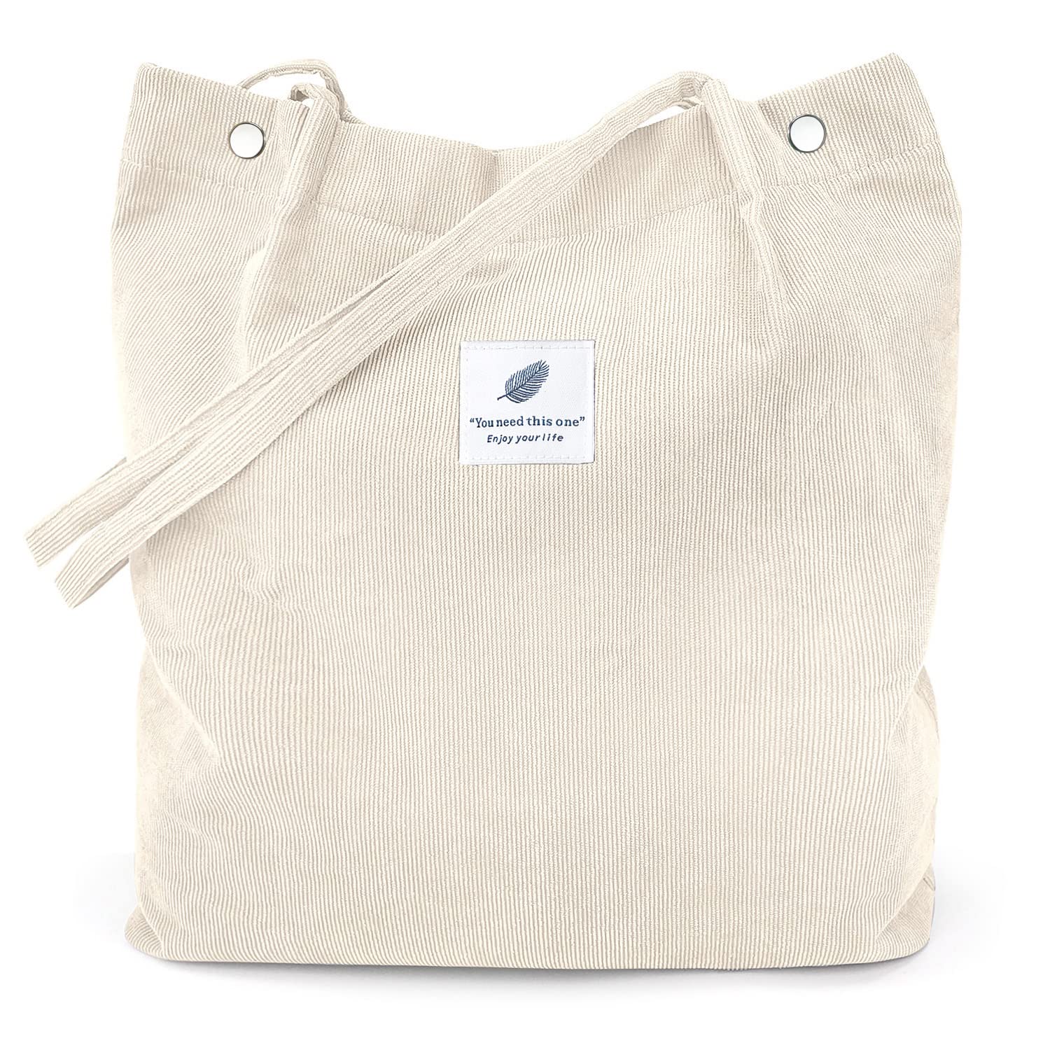 LHMTQVK Corduroy Tote Bags for Women, Large Capacity Corduroy Bag Reusable Grocery Shoulder Bag with Inner Pockets (Beige)