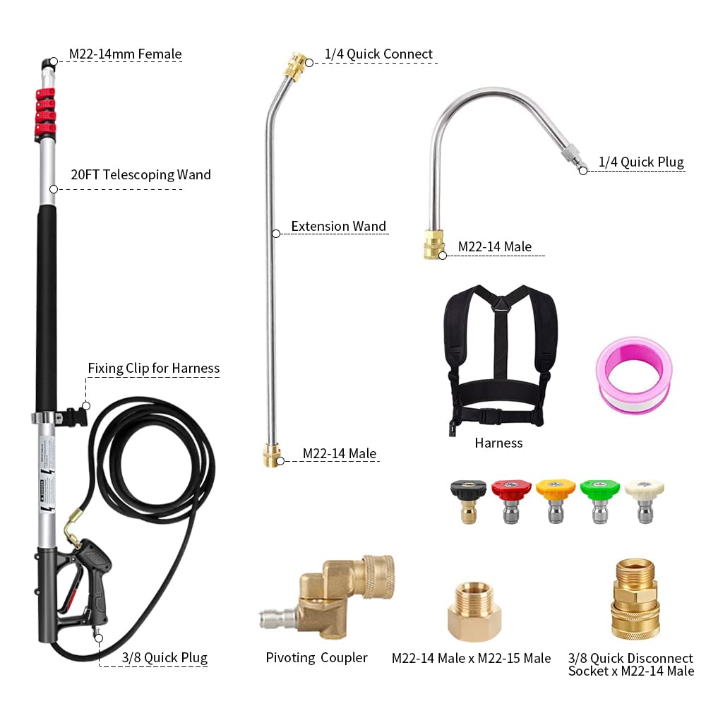 XUNCHI 24 Feet High Pressure Power Washer Telescoping Lance Extension Wand with 1/4 Inch Quick Connection, 5 Spray Nozzle Tips and Harness Belt, Pivoting Coupler, 2 Adapters, 4000 PSI Max Pressure