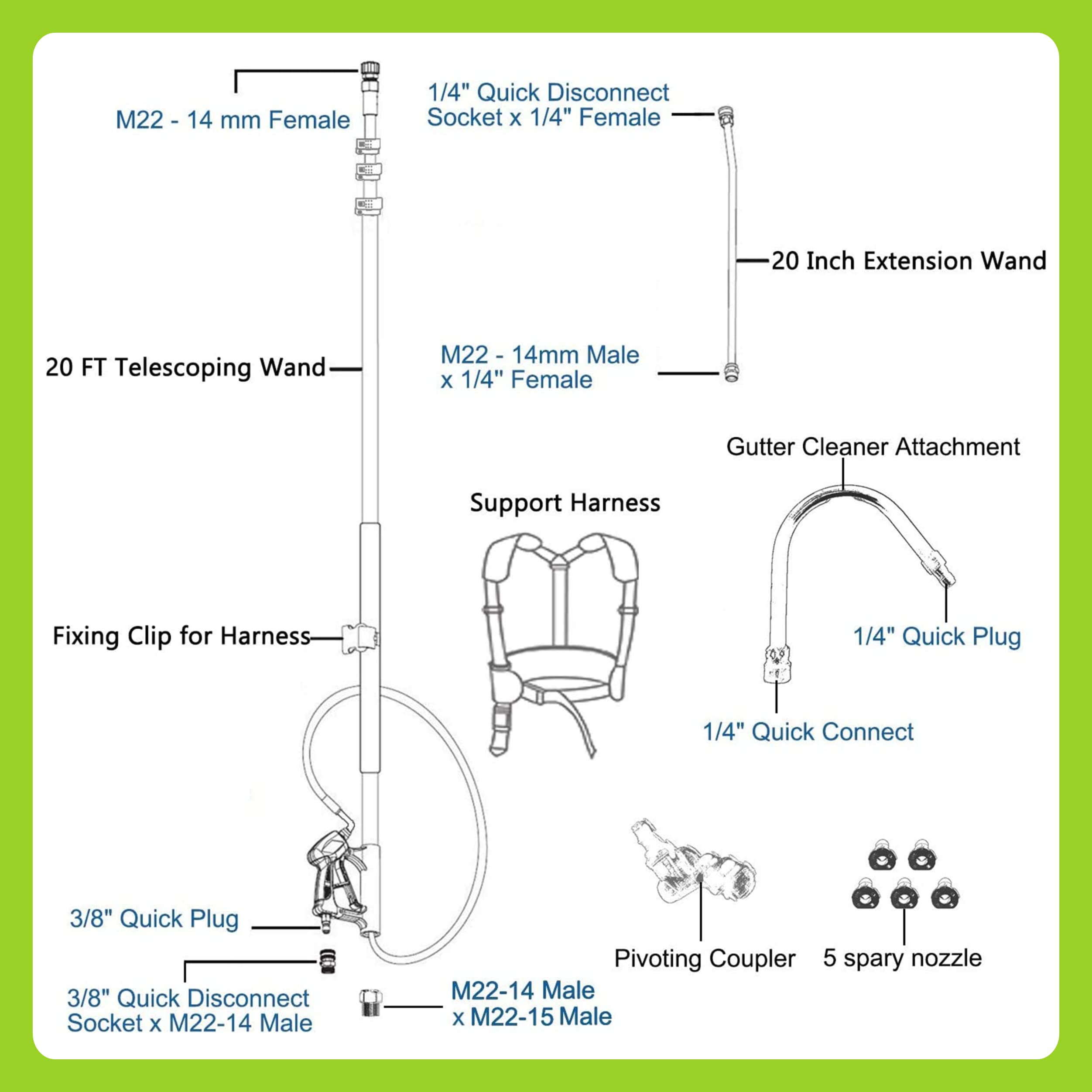 XUNCHI 24 Feet High Pressure Power Washer Telescoping Lance Extension Wand with 1/4 Inch Quick Connection, 5 Spray Nozzle Tips and Harness Belt, Pivoting Coupler, 2 Adapters, 4000 PSI Max Pressure