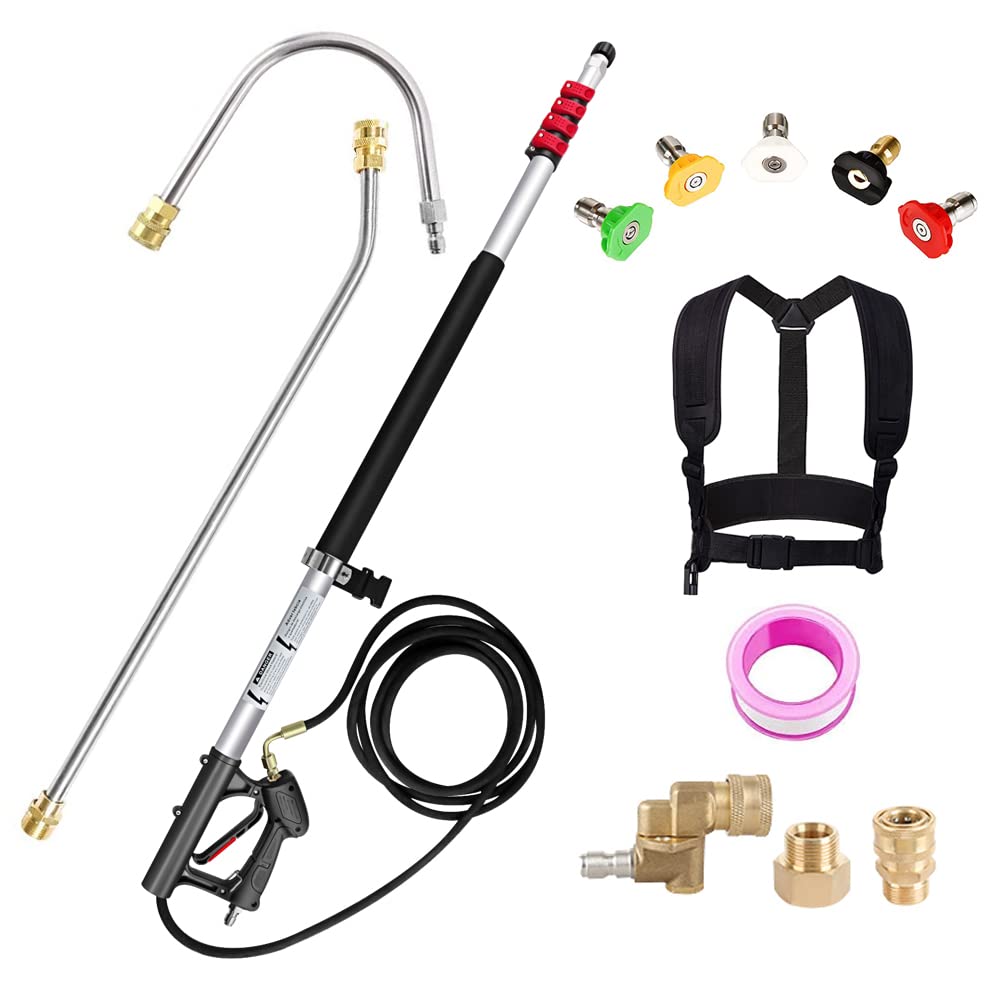XUNCHI 24 Feet High Pressure Power Washer Telescoping Lance Extension Wand with 1/4 Inch Quick Connection, 5 Spray Nozzle Tips and Harness Belt, Pivoting Coupler, 2 Adapters, 4000 PSI Max Pressure