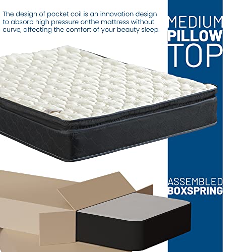 Treaton, 9-Inch Medium Firm Pillow Top Heavier Pocket Coil Hybrid Mattress, Motion Isolation with Durable Support, Bed 8" Split Wood Box Spring, Full, Black