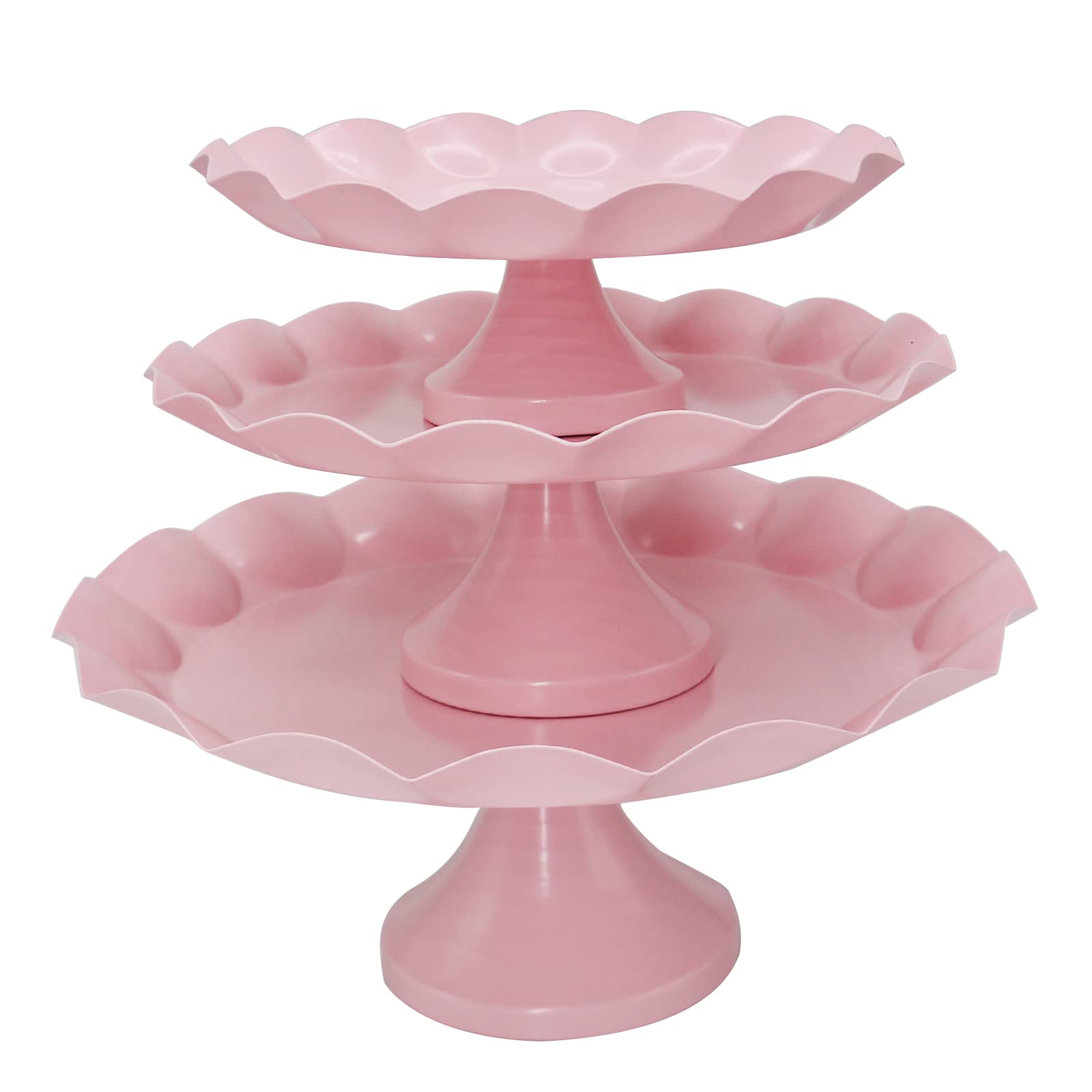 ATRDTO Set of 3 Pcs Wave Rim Cake Stands Iron Cake Holder Dessert Display Plate Serving Tray for Baby Shower Wedding Birthday Party (Pink)
