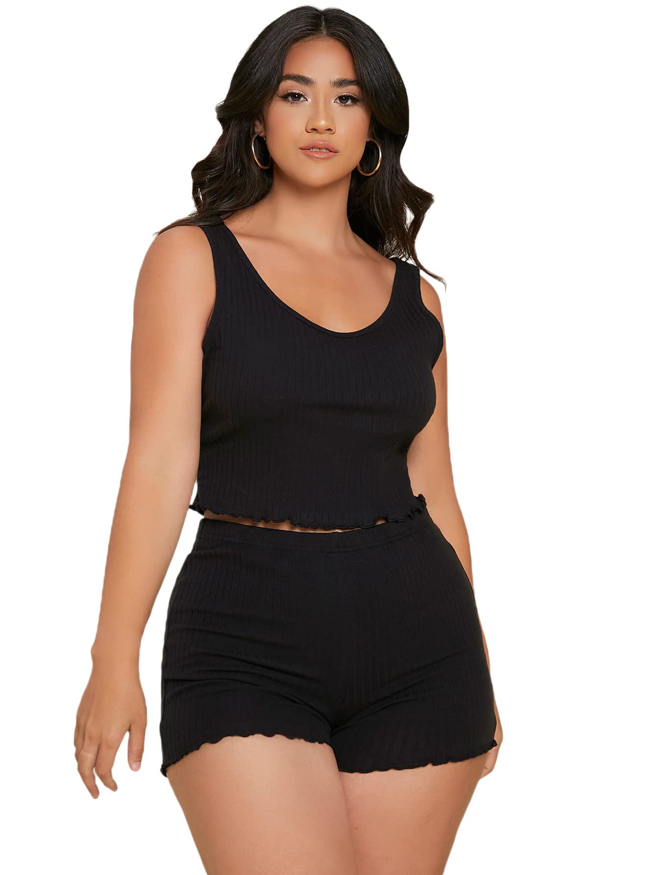 Floerns Women's Plus Size Rib Knit Crop Tank Top and Shorts Pj Set Sleepwear Black 1XL
