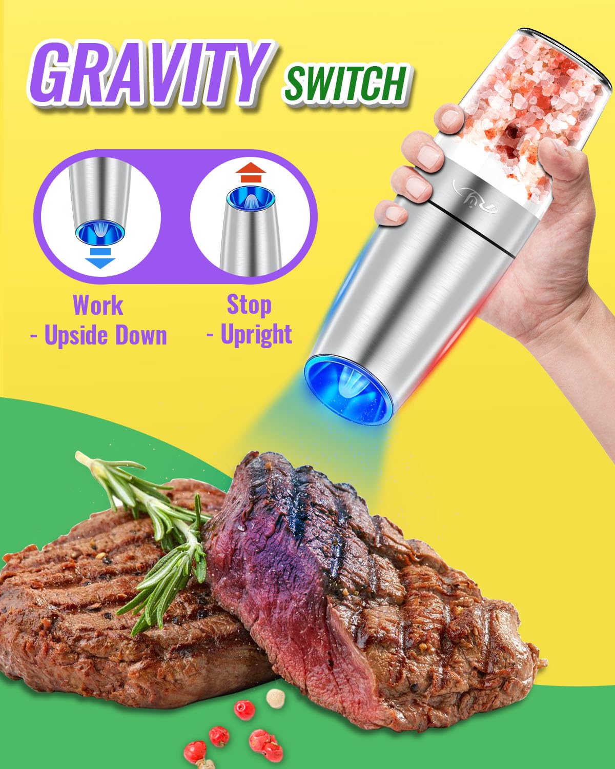 Rongyuxuan Gravity Electri Salt and Pepper Mill Set,Pepper Grinder with Ceramic Rotor,Acrylic Container,Stainless Steel Middle,Blue LED Light,Battery Powered,Adjustable Coarseness,One Hand Use,Sliver