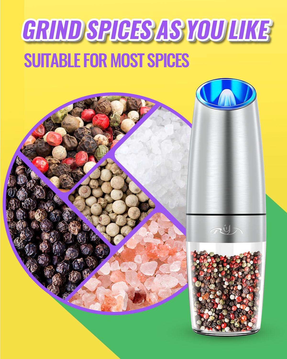 Rongyuxuan Gravity Electri Salt and Pepper Mill Set,Pepper Grinder with Ceramic Rotor,Acrylic Container,Stainless Steel Middle,Blue LED Light,Battery Powered,Adjustable Coarseness,One Hand Use,Sliver