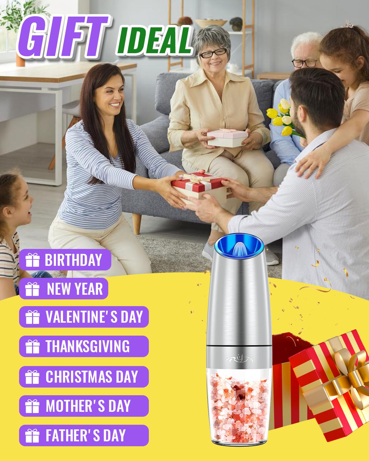 Rongyuxuan Gravity Electri Salt and Pepper Mill Set,Pepper Grinder with Ceramic Rotor,Acrylic Container,Stainless Steel Middle,Blue LED Light,Battery Powered,Adjustable Coarseness,One Hand Use,Sliver