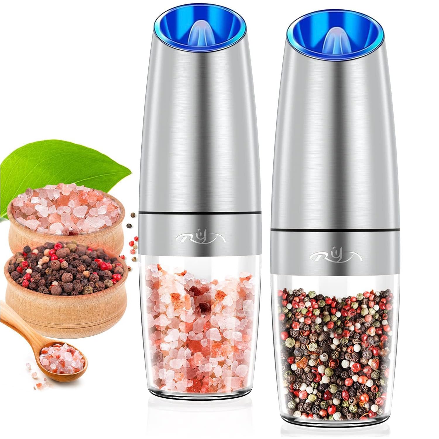 Rongyuxuan Gravity Electri Salt and Pepper Mill Set,Pepper Grinder with Ceramic Rotor,Acrylic Container,Stainless Steel Middle,Blue LED Light,Battery Powered,Adjustable Coarseness,One Hand Use,Sliver