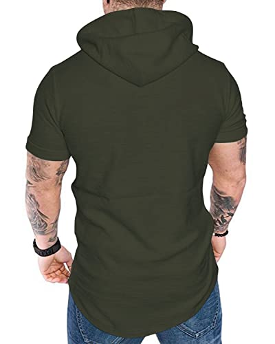Aiyino Men's Short Sleeve Athletic Hoodies Sport Sweatshirt Solid Color Fashion Pullover 2XL Army Green