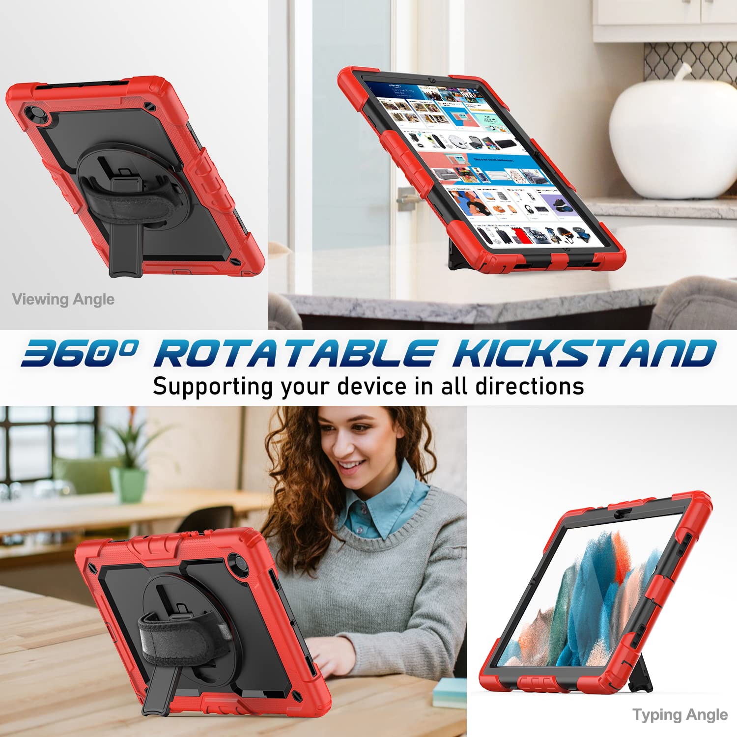 Timecity Case for Samsung Galaxy Tab A8 10.5 inch SM-X200/X205/X207 with 360 Degree Rotatable Kickstand Hand Strap Shoulder Strap for Samsung Galaxy Tab A8 Tablet 2022 Released, Red
