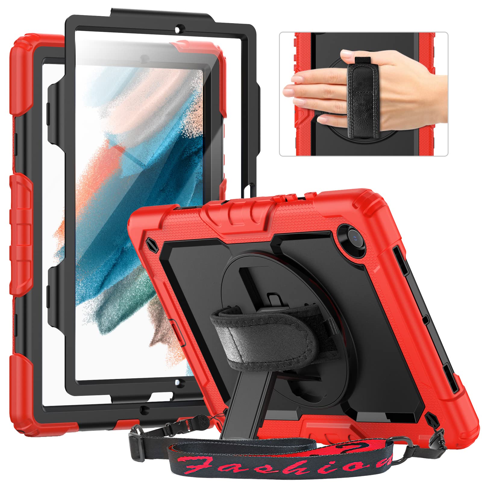 Timecity Case for Samsung Galaxy Tab A8 10.5 inch SM-X200/X205/X207 with 360 Degree Rotatable Kickstand Hand Strap Shoulder Strap for Samsung Galaxy Tab A8 Tablet 2022 Released, Red
