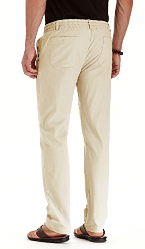 BINGHUODAO Mens Casual Linen Pants Loose Fit Elastic Drawstring Waist Summer Yoga Beach Trousers(Beige,38)