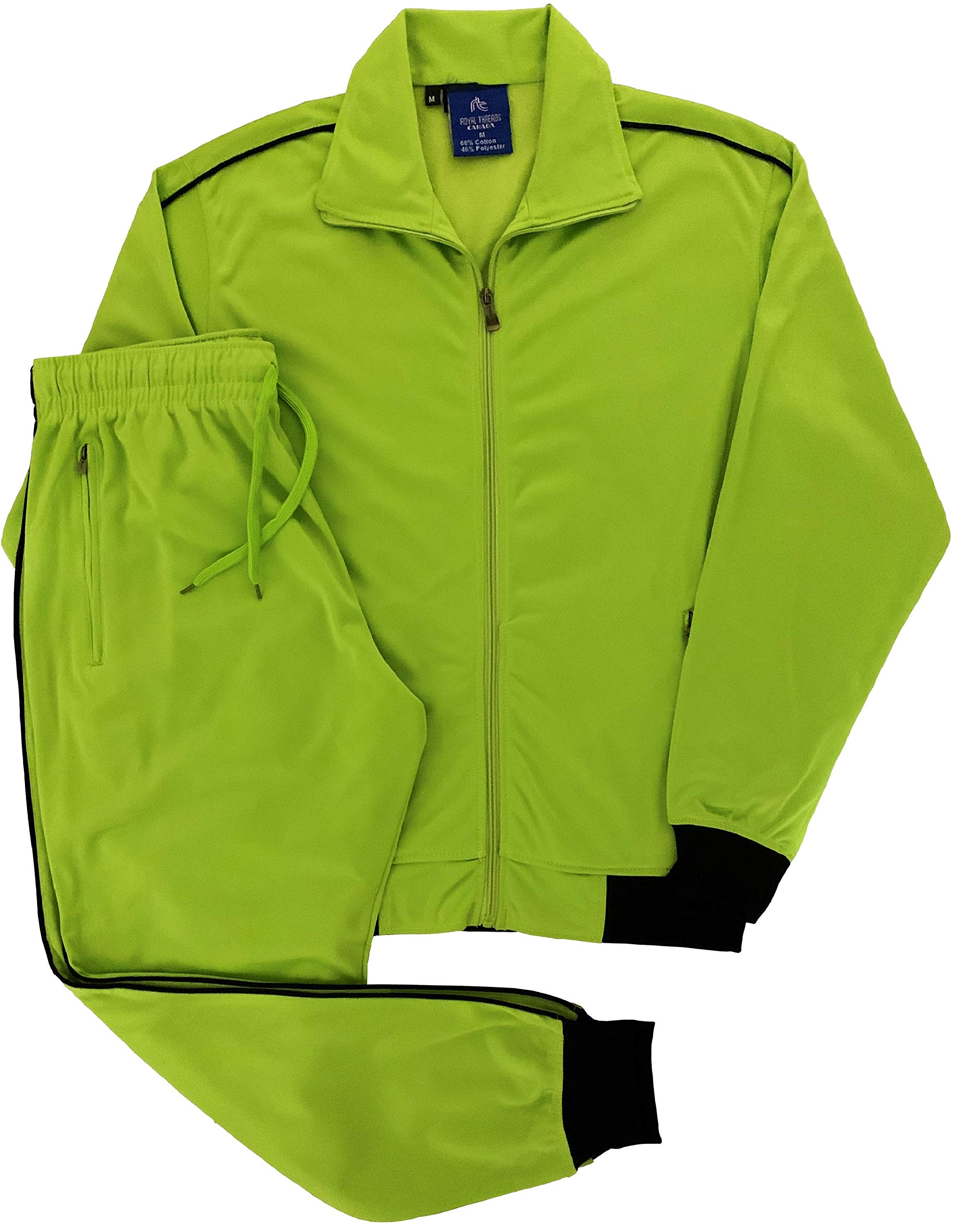 Royal Threads Canada Men 2-piece Classic Jogger Tracksuit Track Jacket & Trackpants Solid Plain Outfit, Lime Green, XX-Large