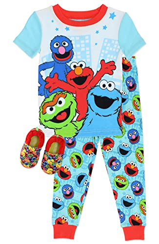 Sesame Street Boys' 2-Piece Pajama Set Monster Print with Cozeez Slippers, Turquoise, Toddler Size 3