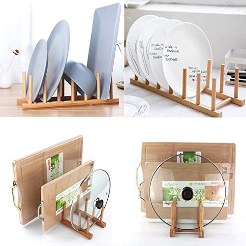 INNERNEED Bamboo Wooden Plate Racks Dish Stand Holder Kitchen Storage Cabinet Organizer for Dish / Plate / Bowl / Cup / Pot Lid / Cutting Board (Pack of 4)