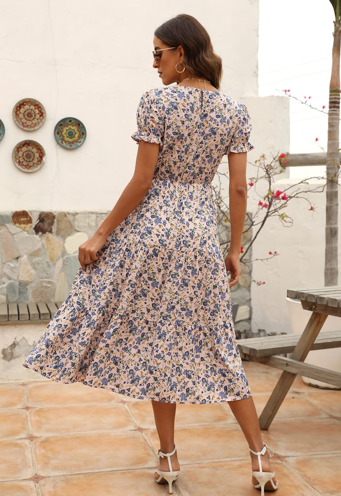 NAVINS Women Floral Print Puff Sleeve Tiered A-Line Swing Midi Dress with Pockets NA1002 (L,Pink Print)