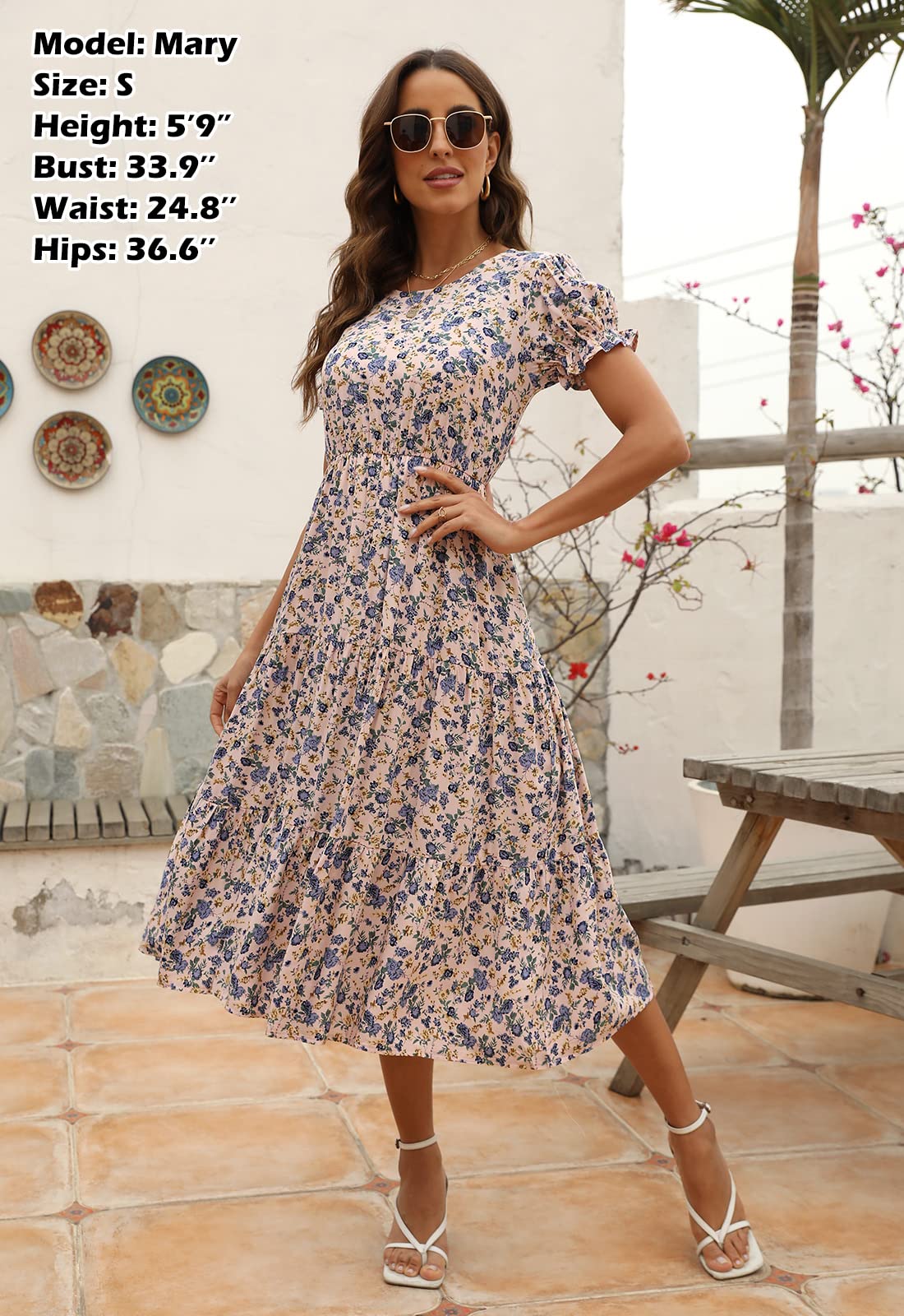 NAVINS Women Floral Print Puff Sleeve Tiered A-Line Swing Midi Dress with Pockets NA1002 (L,Pink Print)