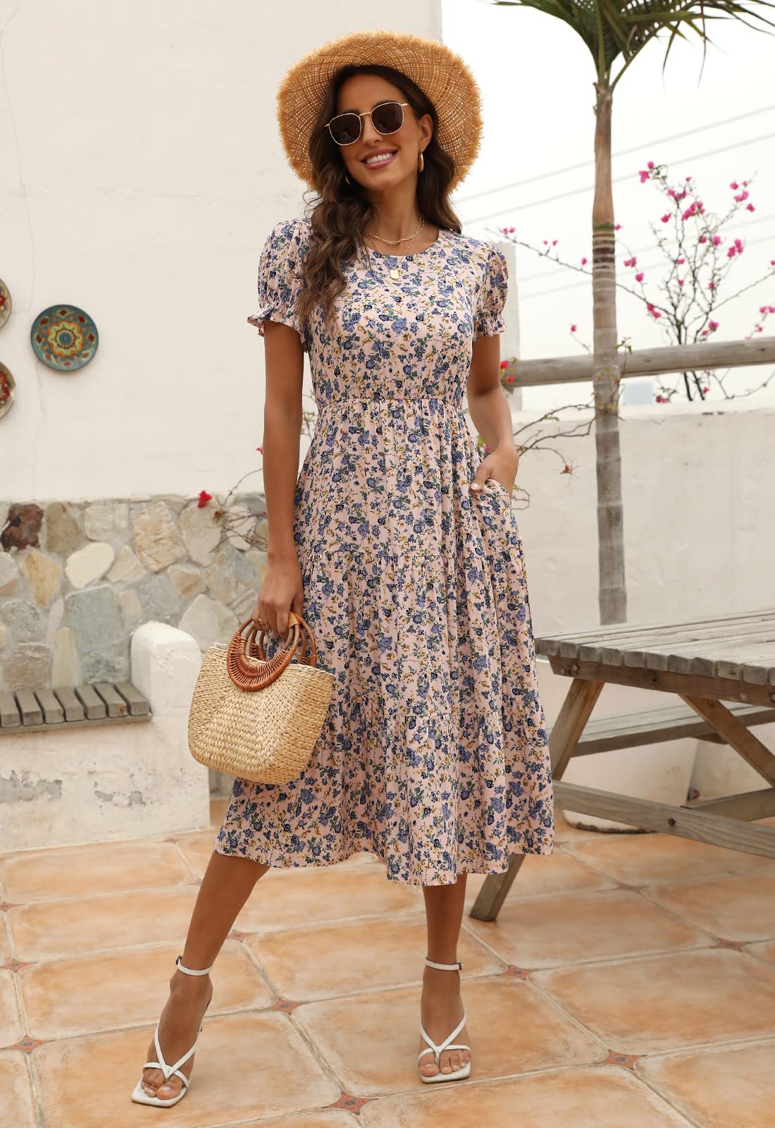 NAVINS Women Floral Print Puff Sleeve Tiered A-Line Swing Midi Dress with Pockets NA1002 (L,Pink Print)