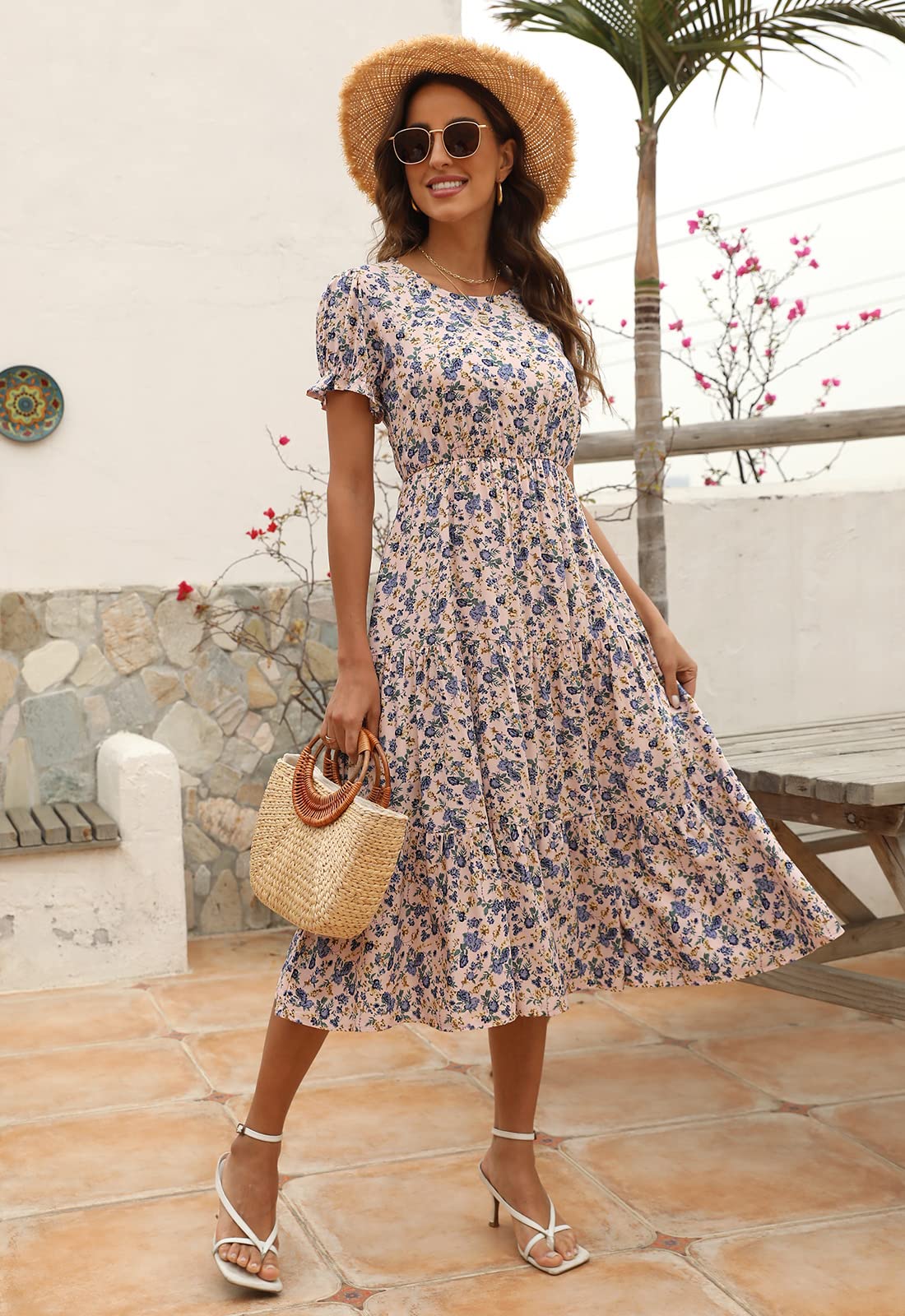 NAVINS Women Floral Print Puff Sleeve Tiered A-Line Swing Midi Dress with Pockets NA1002 (L,Pink Print)
