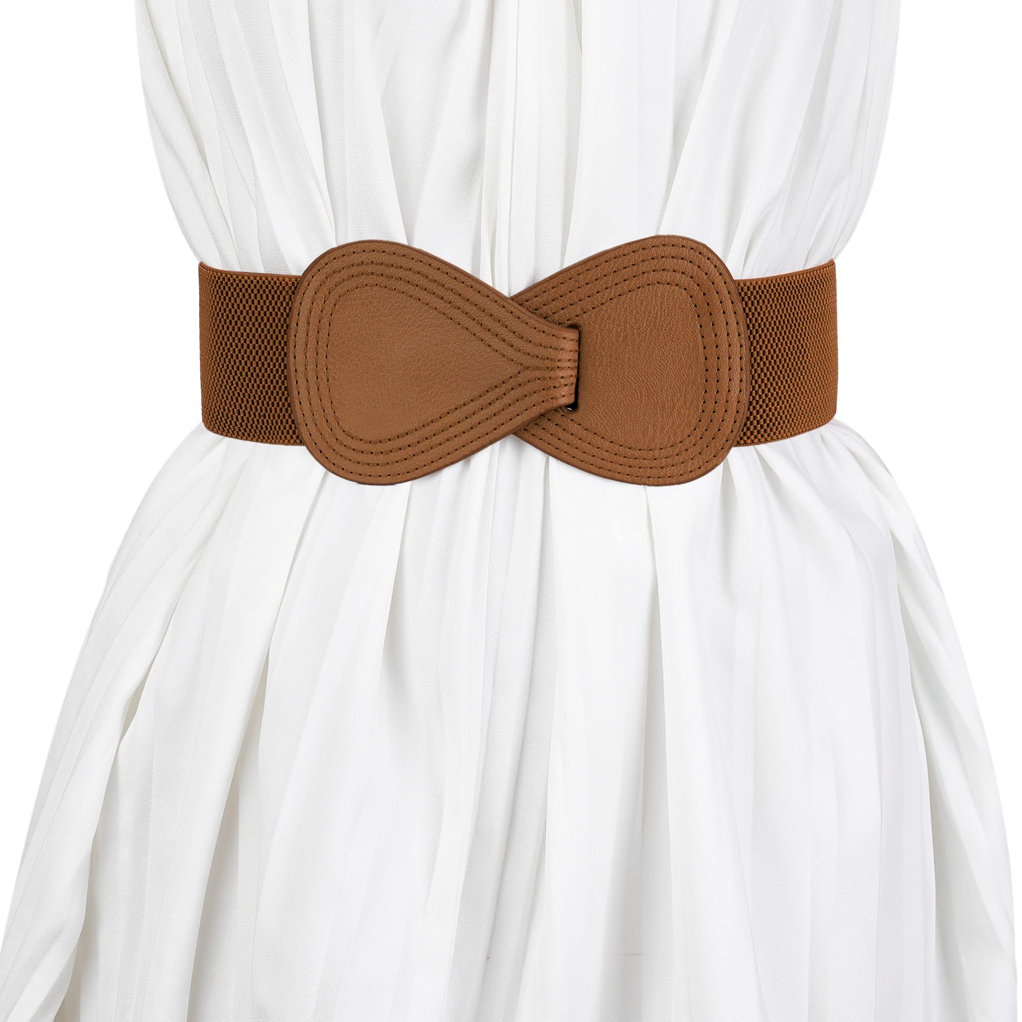 Allegra K Plus Size Interlock Buckle 8-shaped Faux Leather Elastic Belt Cinch Waistband for Lady Fit Waist Girth:25"/63.5cm-37"/94cm Brown