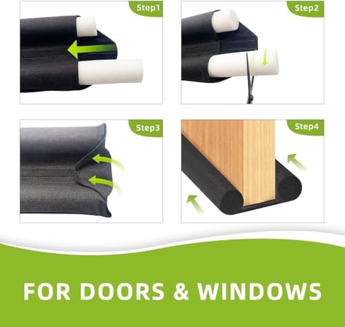 Ticanble Door Draft Stopper, Adjustable Length 24" to 38",Bold Diameter 2", Energy Saving, Dust Proof, Soundproofing, Weather Stripping Reusable Door Sweeps, Machine Washable, Black