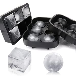 Set of 2 Round and Square Silicone Ice Cube Tray with Lid - Silicone Trays for Freezer, Ball & Square Ice Cube Mold for Cocktail & Bourbon - BPA Free