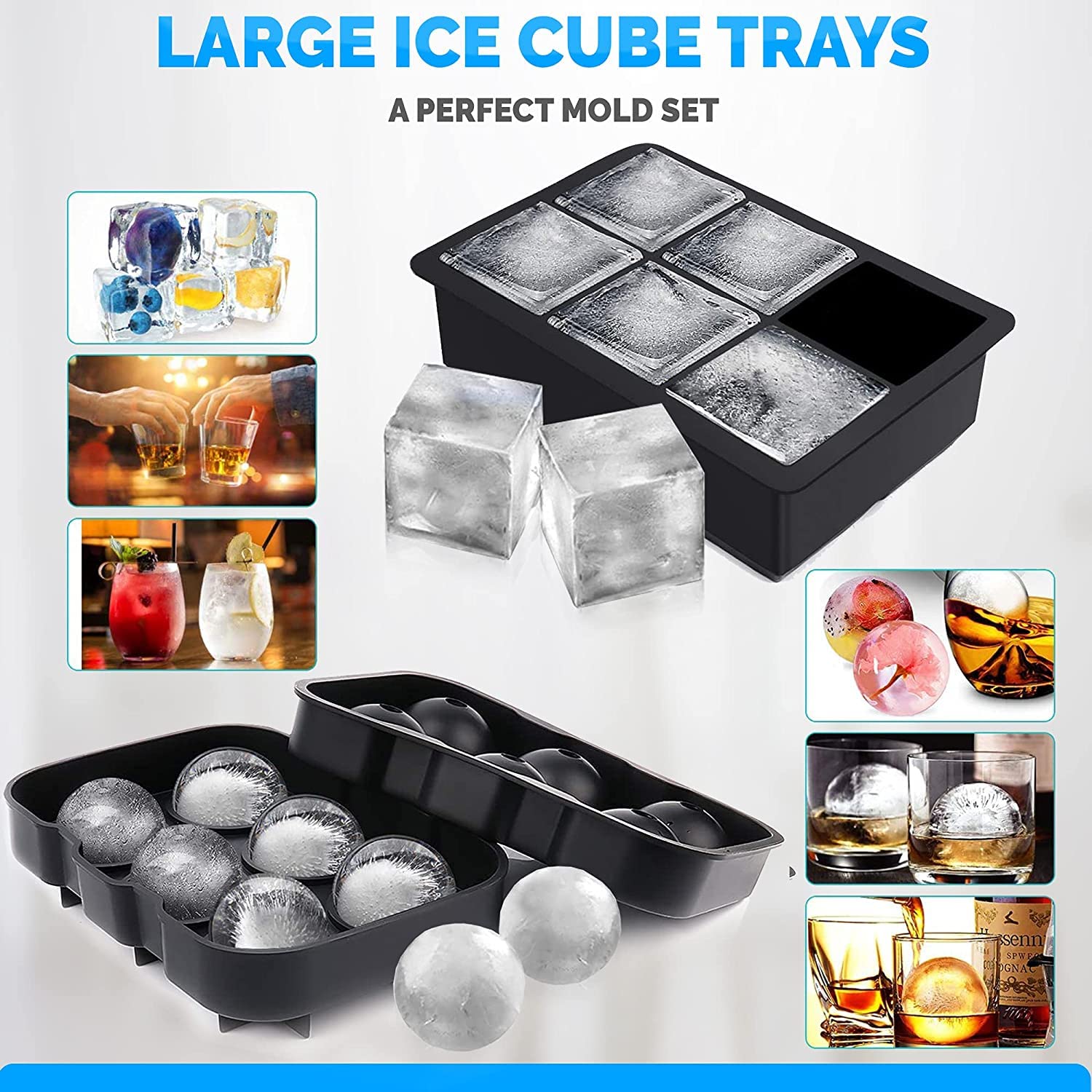 Set of 2 Round and Square Silicone Ice Cube Tray with Lid - Silicone Trays for Freezer, Ball & Square Ice Cube Mold for Cocktail & Bourbon - BPA Free