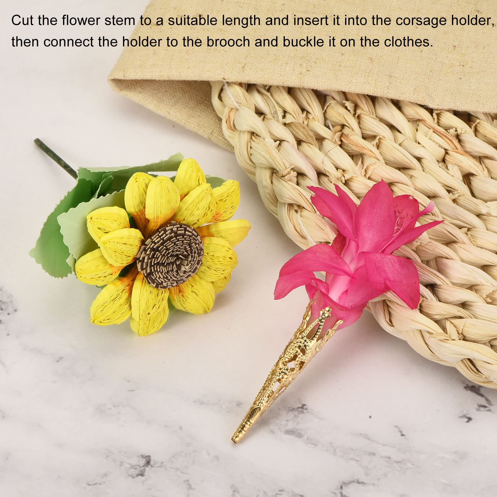MECCANIXITY Corsage Decorative Holder, Alloy Lapel Pin Brooch Vase 42mm for Wedding Party Prom DIY Charms Dark Gold Tone Pack of 4