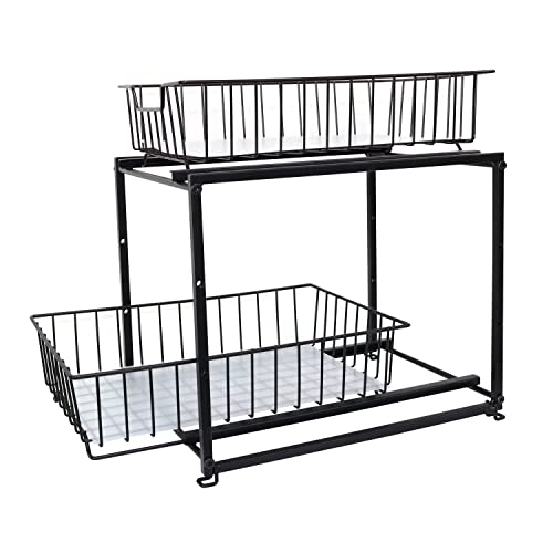 FERLAN Under Sink Organizer, 2-Tier Stackable Kitchen Cabinet Organizer and Storage With Sliding Storage Drawer, for Kitchen, Bathroom, Office, Pantry, Cabinet, Black