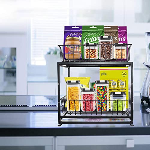 FERLAN Under Sink Organizer, 2-Tier Stackable Kitchen Cabinet Organizer and Storage With Sliding Storage Drawer, for Kitchen, Bathroom, Office, Pantry, Cabinet, Black