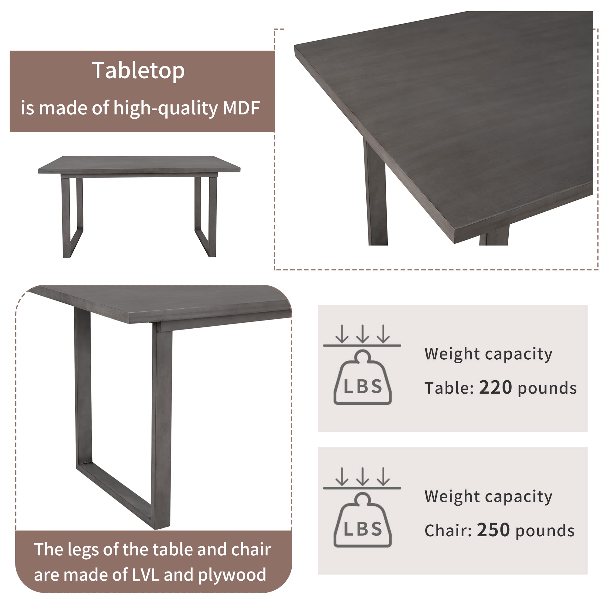 Rhomtree 6 Piece Dining Table Set with Bench, Wood Kitchen Table Set with Table and 4 Chairs, Family Furniture Set of 6 (Gray)