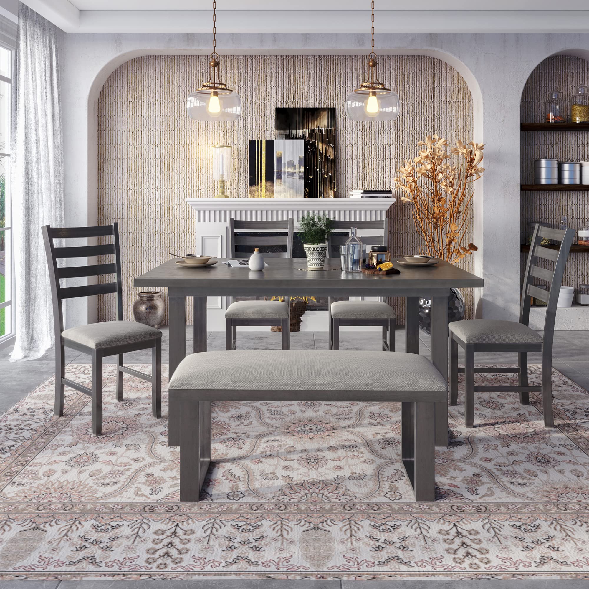 Rhomtree 6 Piece Dining Table Set with Bench, Wood Kitchen Table Set with Table and 4 Chairs, Family Furniture Set of 6 (Gray)