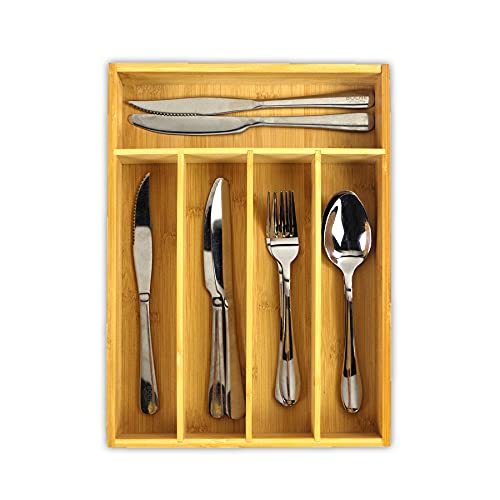PURENJOY Bamboo Utensil Drawer Organizer Kitchen Utensils Cutlery Organizer in Drawer Kitchen Flatware Organizers for Drawer Cutlery Tray Organizer Silverware Holder Dividers with 5 Compartments