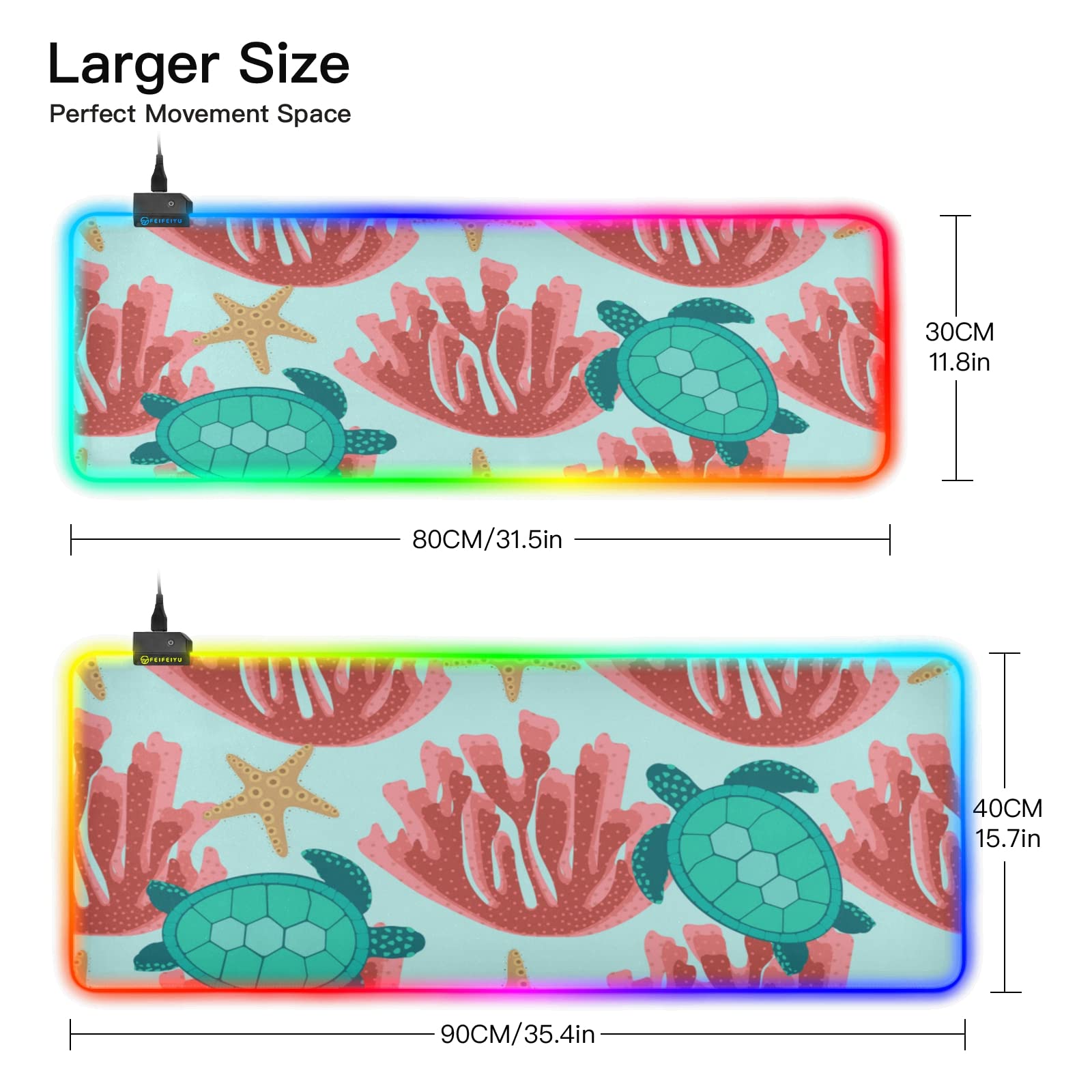Large RGB Gaming Mouse Pad Pattern Turtles Sea Stars Corals Wallpapers Glowing Extended Mousepad 35.4x15.7in, Soft Anti-Slip Rubber Base Luminous Mouse Mat for Pc Laptop, Gaming, Office, Home
