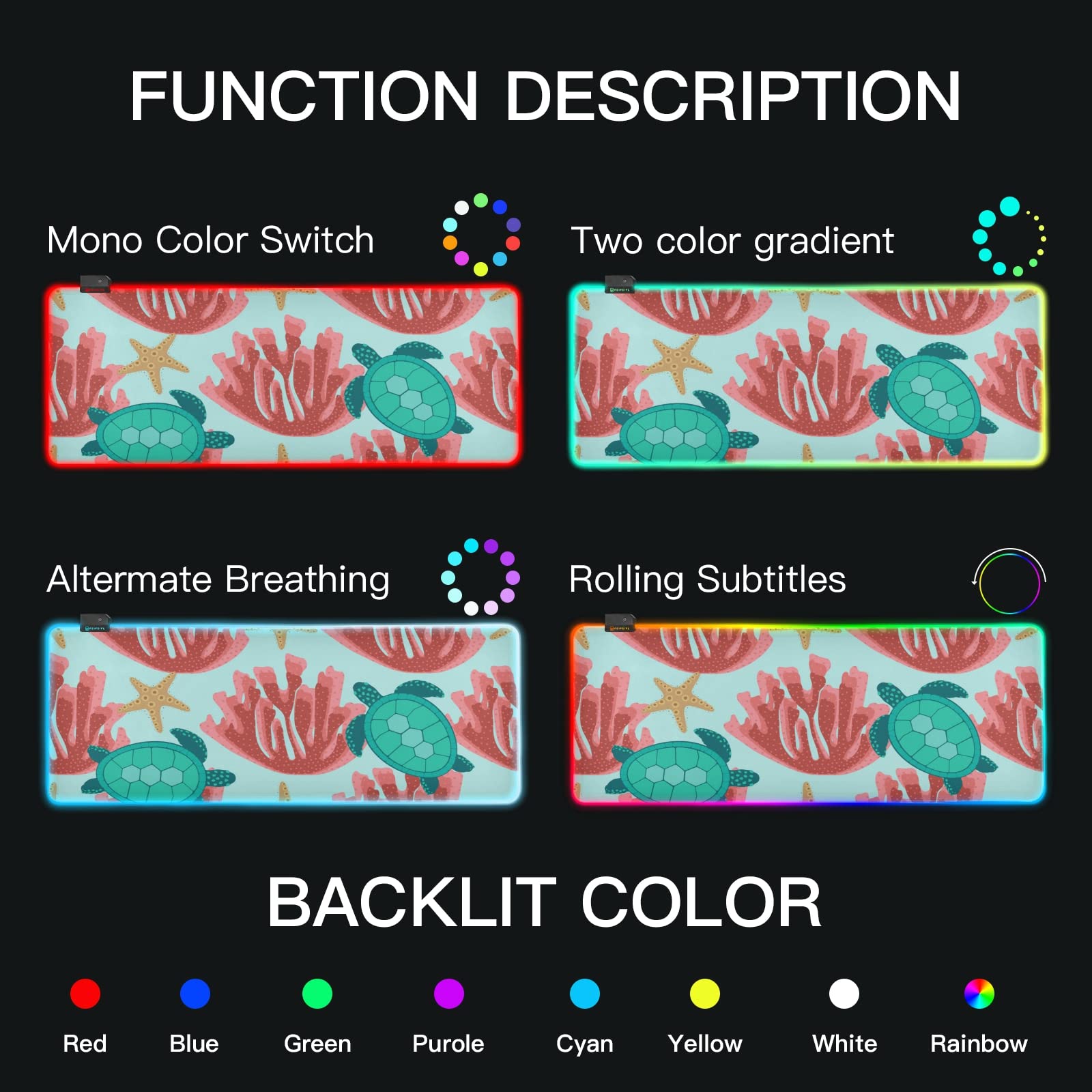 Large RGB Gaming Mouse Pad Pattern Turtles Sea Stars Corals Wallpapers Glowing Extended Mousepad 35.4x15.7in, Soft Anti-Slip Rubber Base Luminous Mouse Mat for Pc Laptop, Gaming, Office, Home