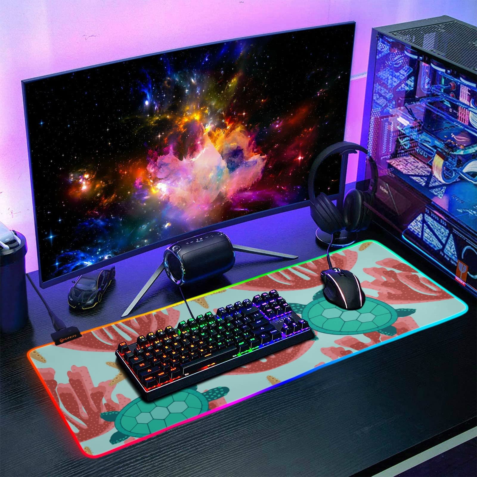 Large RGB Gaming Mouse Pad Pattern Turtles Sea Stars Corals Wallpapers Glowing Extended Mousepad 35.4x15.7in, Soft Anti-Slip Rubber Base Luminous Mouse Mat for Pc Laptop, Gaming, Office, Home
