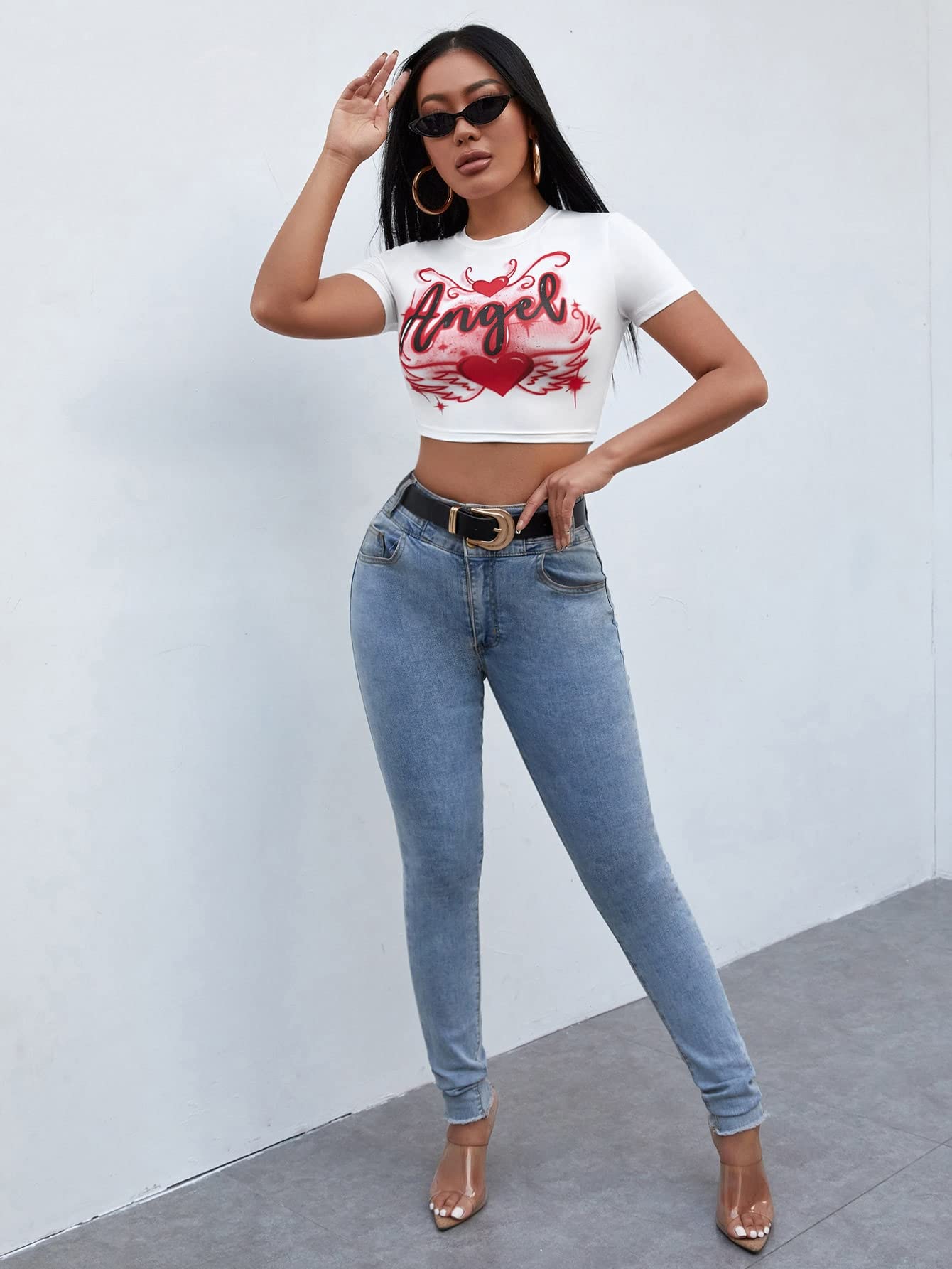 Floerns Women's Letter Graphic Print Short Sleeve Tee Shirt Crop Top White L