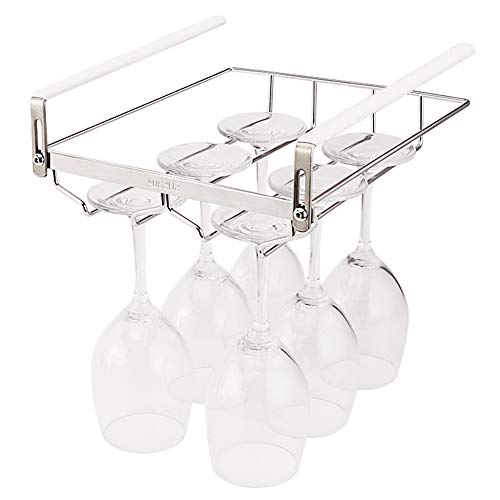 Wine Glass Rack, Stemware Glass Rack Under Cabinet Hold up to 8 Wine Glasses / 3 Rails Stemware Rack, Adjustable Stainless Steel Glasses Holder Storage Hanger for Kitchen, Bar (Silver)