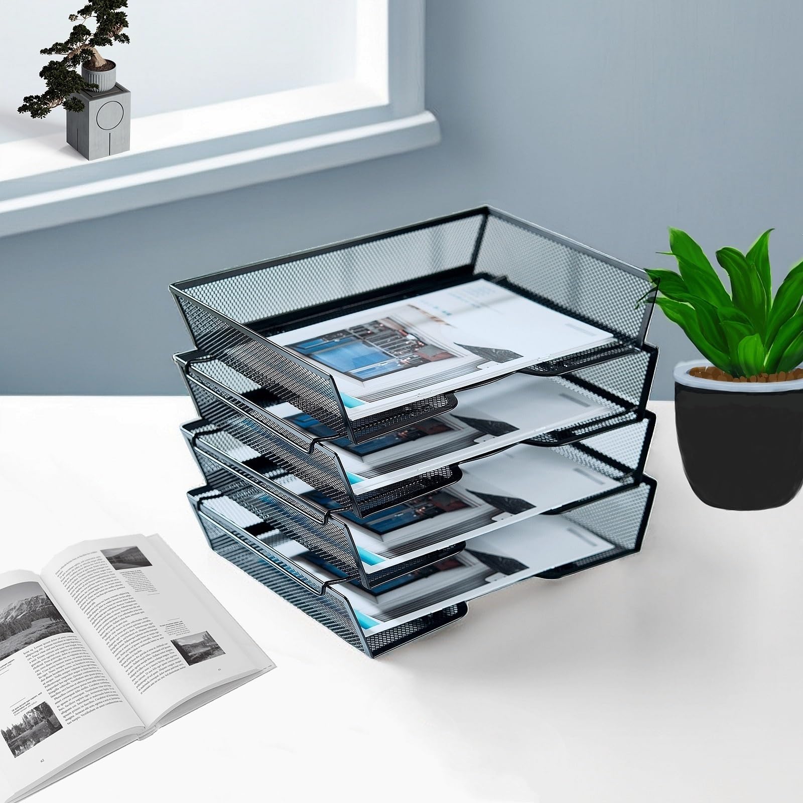 SETTFRFE 4 Tier Metal Mesh Desk Organizer-Stackable Letter Trays for Office Supplies,Black File Storage System with Reinforced Edges