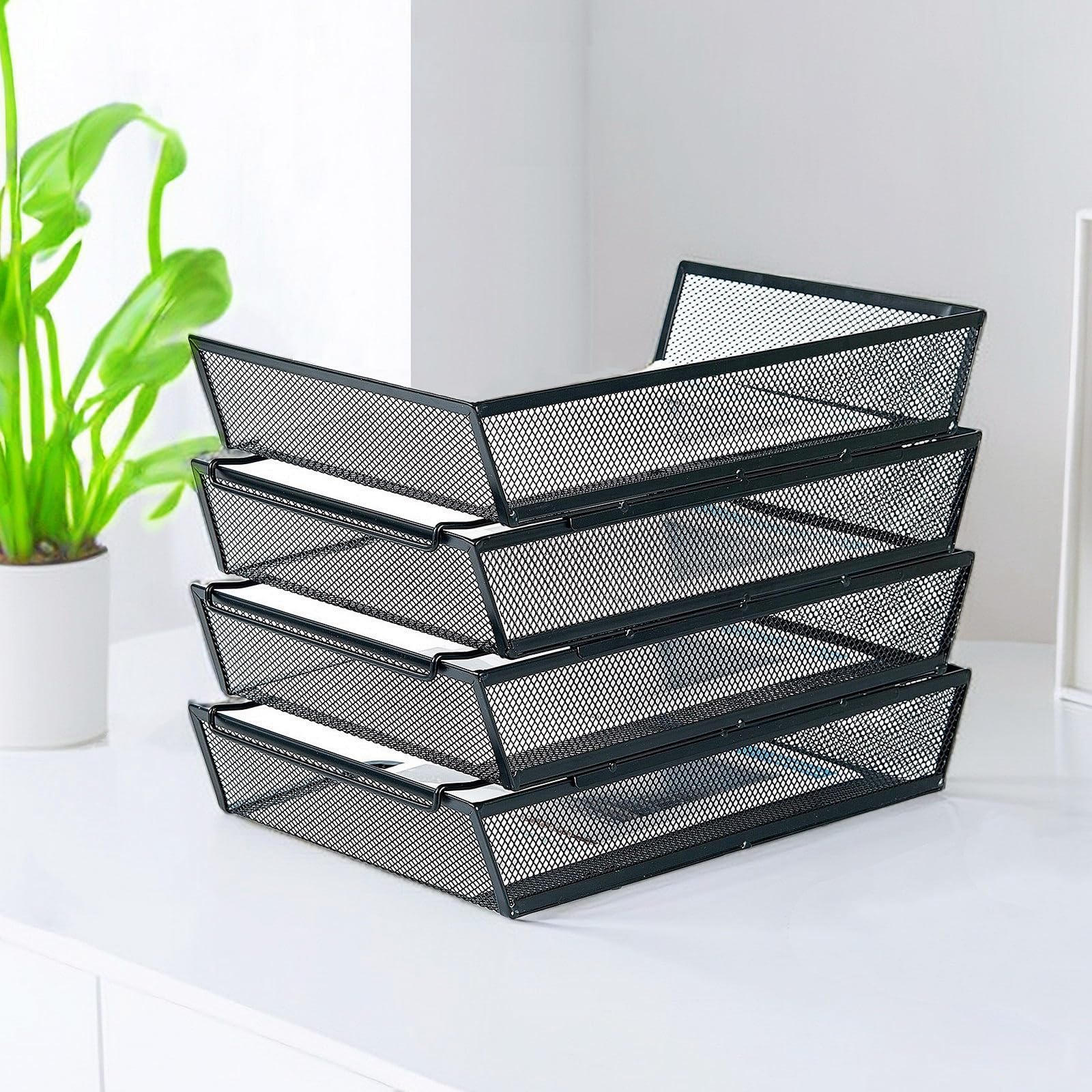 SETTFRFE 4 Tier Metal Mesh Desk Organizer-Stackable Letter Trays for Office Supplies,Black File Storage System with Reinforced Edges