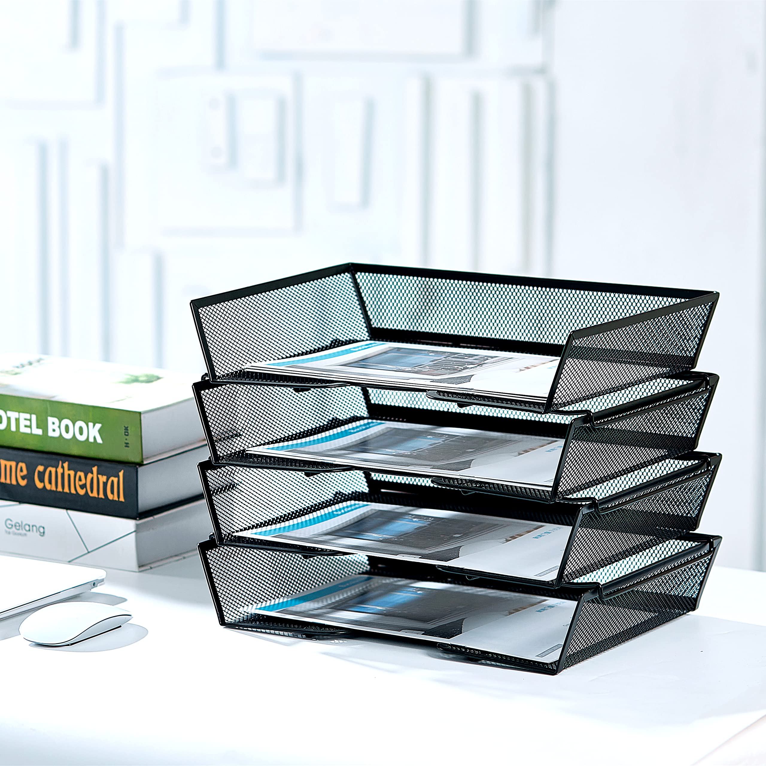 SETTFRFE 4 Tier Metal Mesh Desk Organizer-Stackable Letter Trays for Office Supplies,Black File Storage System with Reinforced Edges