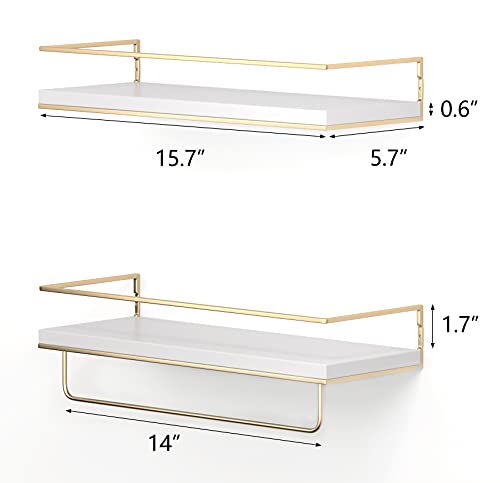 Shario White Floating Shelves - Set of 2, Wall Mounted Hanging Shelves with Golden Towel Rack, Decorative Storage Shelves for Bathroom, Kitchen, Living Room & Bedroom (White)