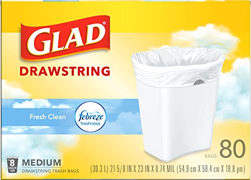 Glad Trash & Food Storage Medium Kitchen Drawstring Trash Bags 8 Gallon White Trash Bag, Fresh Clean Scent, 80 Count (Package May Vary)