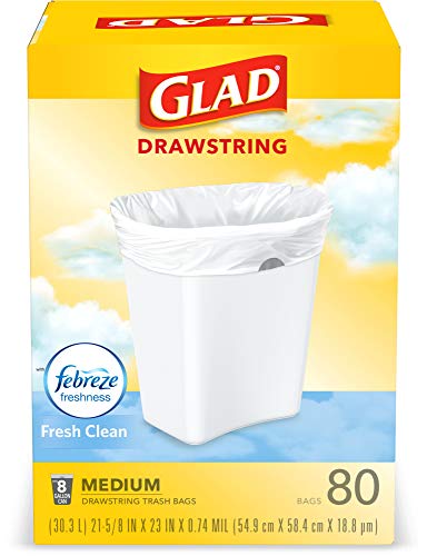 Glad Trash & Food Storage Medium Kitchen Drawstring Trash Bags 8 Gallon White Trash Bag, Fresh Clean Scent, 80 Count (Package May Vary)
