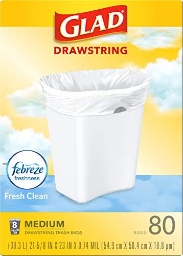 Glad Trash & Food Storage Medium Kitchen Drawstring Trash Bags 8 Gallon White Trash Bag, Fresh Clean Scent, 80 Count (Package May Vary)